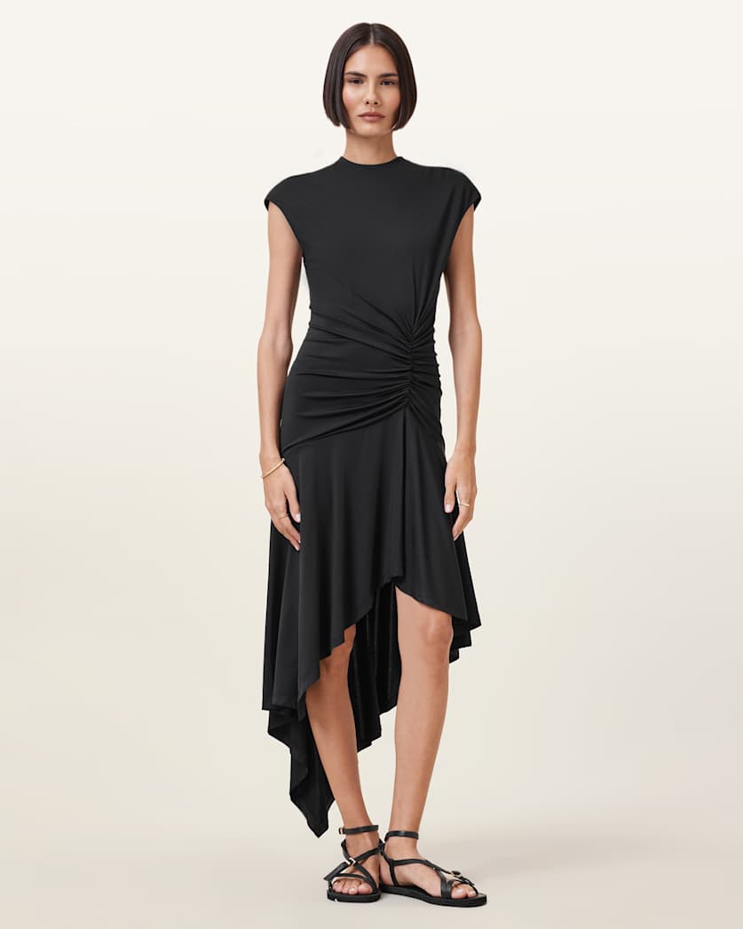 Annalie Asymmetric Midi Dress Black | ALLSAINTS